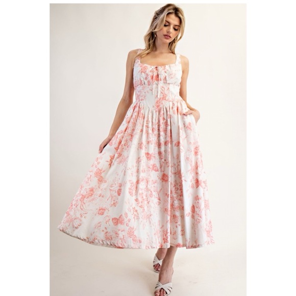 Dresses | 649 Floral Pink And White Maxi Dress Wsmocked Bodice | Poshmark